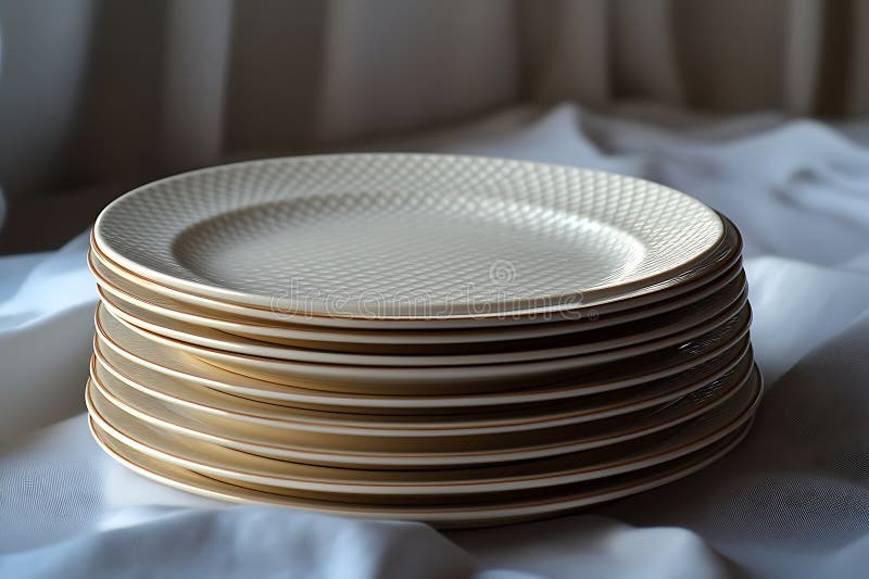 Stack of Ceramic Plates with Textured Surface & Golden Rim on White ...