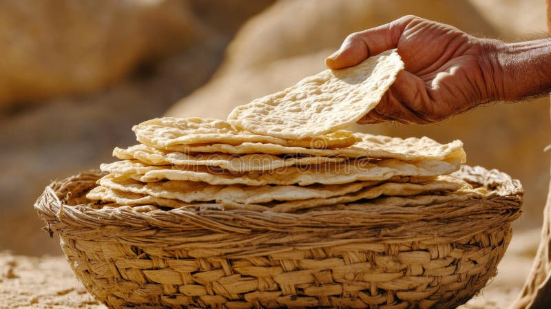 Stack of Chapatis in Woven Basket with Hand Tearing Piece Stock Image ...