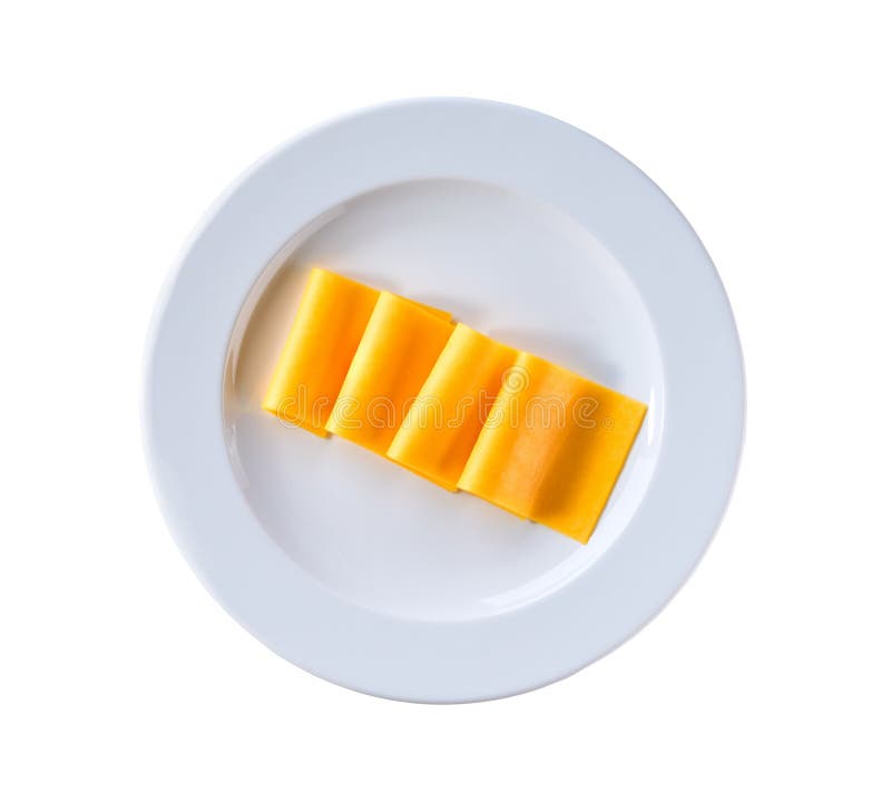 Stack of Cheddar Cheese Slices in a White Plate Isolated on a White ...