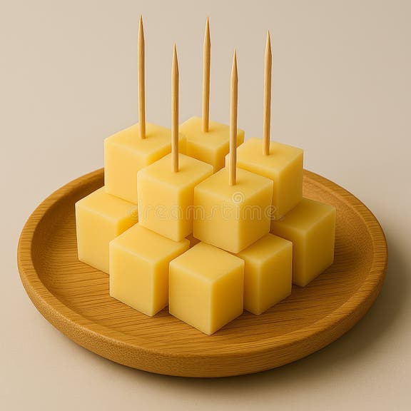 Stack of Cheese Cubes with Toothpicks on Bamboo Plate Stock ...