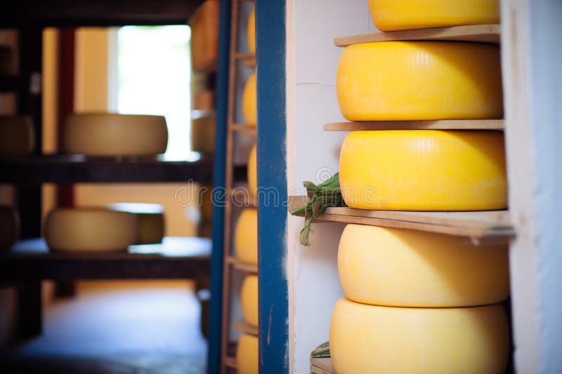 A Stack of Cheese Wheels in a Cellar Stock Photo - Image of ...
