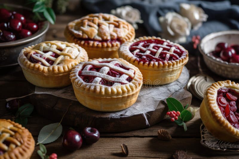 Stack of Cherry Pies, Each with Different Design and Decoration Stock ...