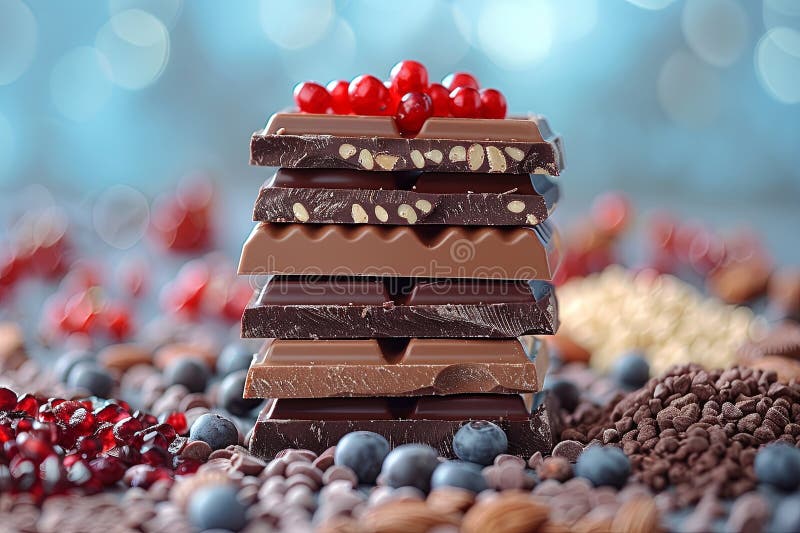 Stack of Chocolate Bars with Berries on Top. Concept of Indulgence and ...