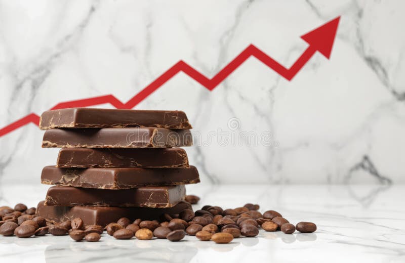 Stack of Chocolate Bars and Cocoa Beans with a Red Upward Trend Graph ...