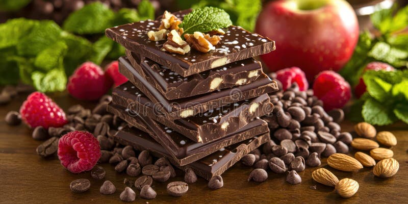 A Stack of Chocolate Bars with Nuts and Raspberries on Top Stock Photo ...