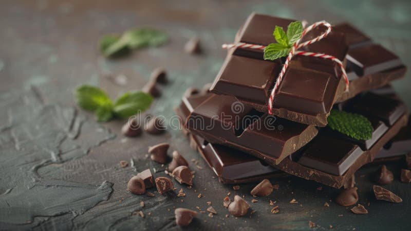 Stack of Chocolate Bars Tied with String Surrounded by Mint Leaves and ...