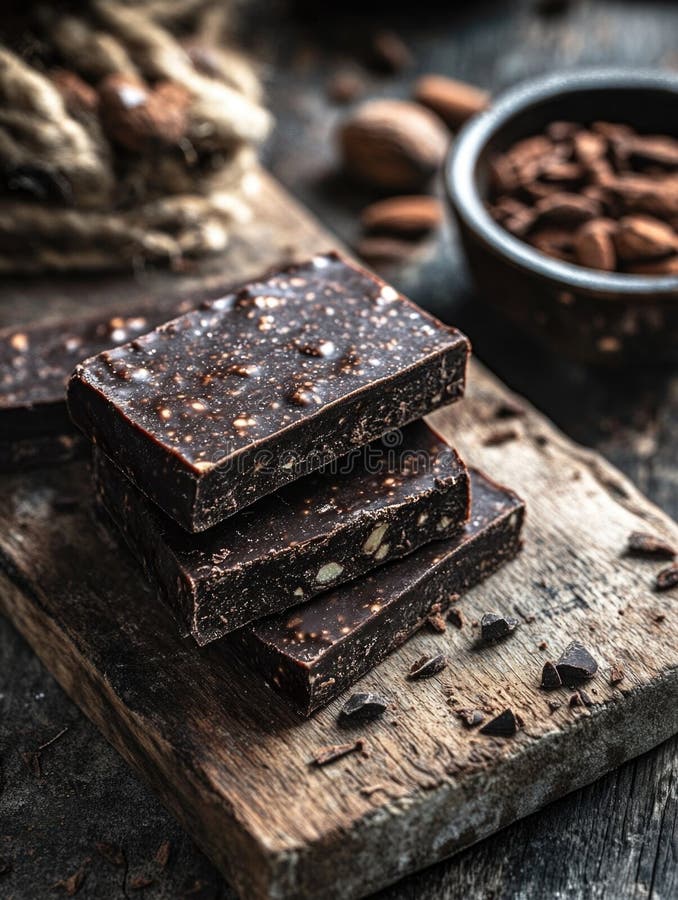 A Stack of Chocolate Bars on a Wooden Table with a Bowl of Chocolate ...