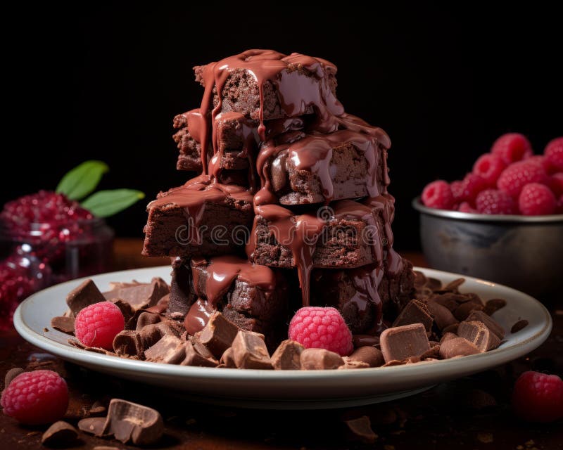 A Stack of Chocolate Brownies with Raspberries on Top Stock ...