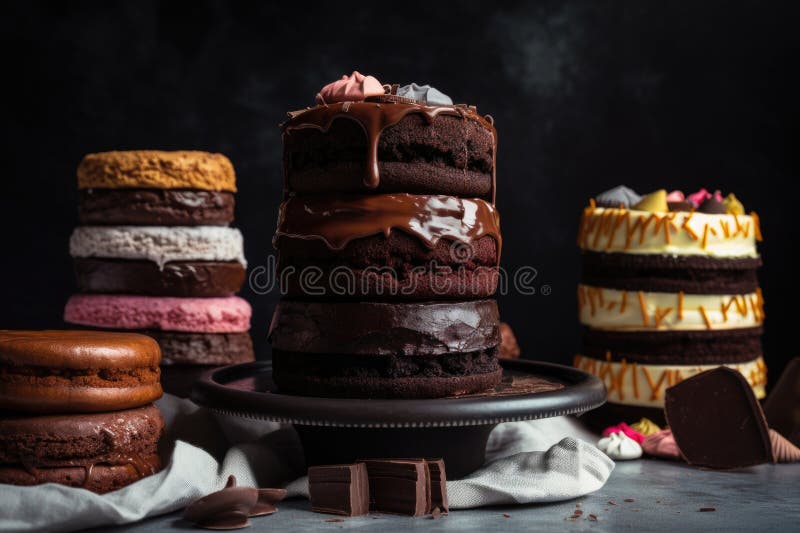 Stack of Chocolate Cakes, with Different Flavors and Frosting Stock ...