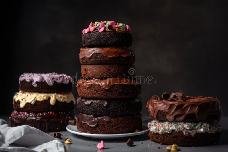 Stack of Chocolate Cakes, with Different Flavors and Frosting Stock ...