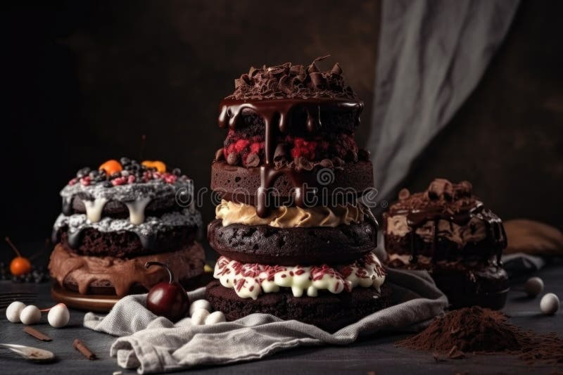 Stack of Chocolate Cakes with Different Frosting and Decorations Stock ...