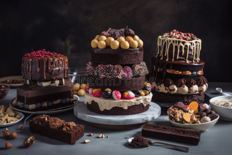 Stack of Chocolate Cakes, with Each Layer Adorned with Different Types ...