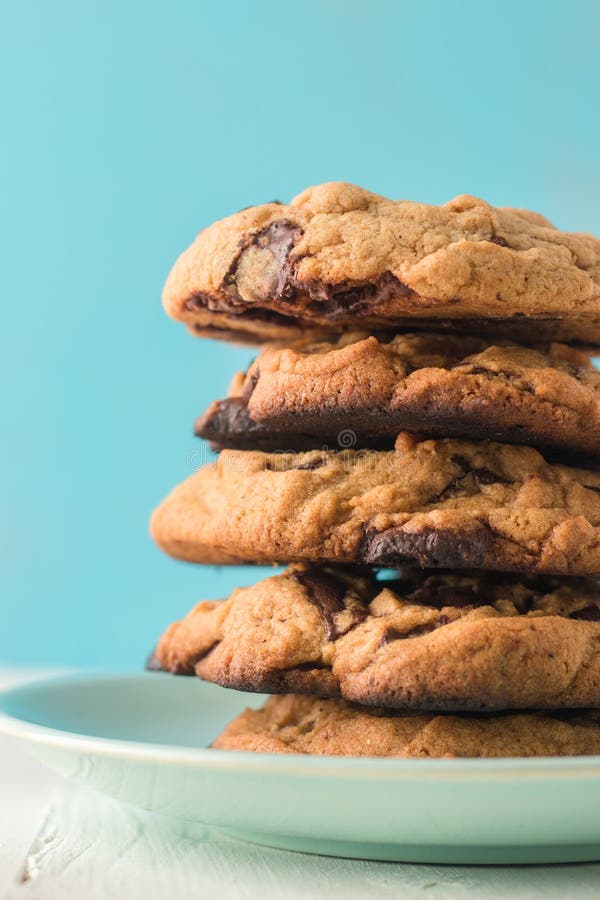 Chocolate Chip Cookie Stack on Blue Stock Image - Image of chip, pastry ...