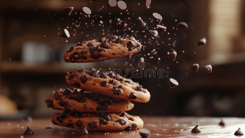 Stack of Chocolate Chip Cookies with Chocolate Chips Falling, Brown and ...
