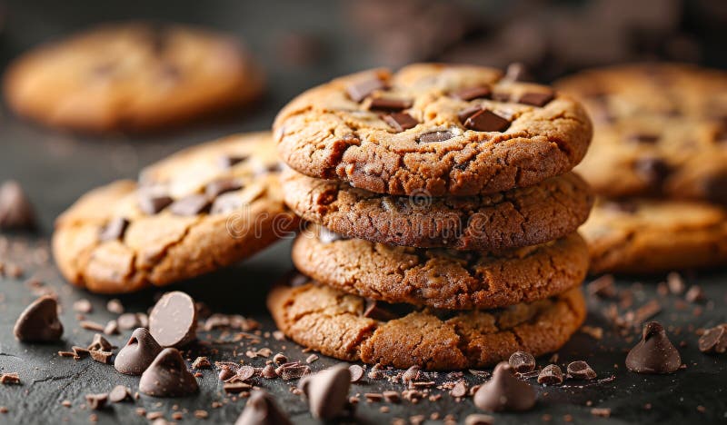 A Stack of Chocolate Chip Cookies with Chocolate Chips on the Ground ...