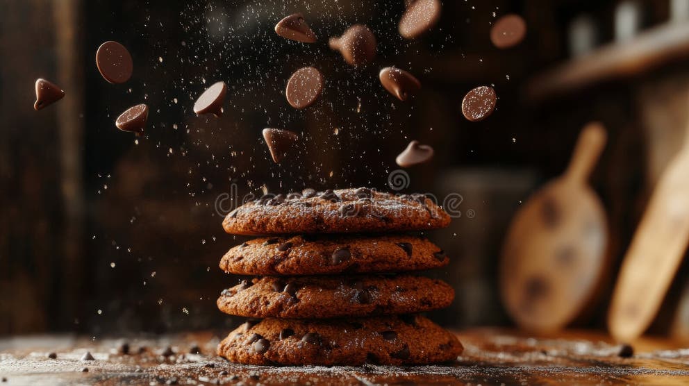 Stack of Chocolate Chip Cookies with Falling Chocolate Chips in Warm ...