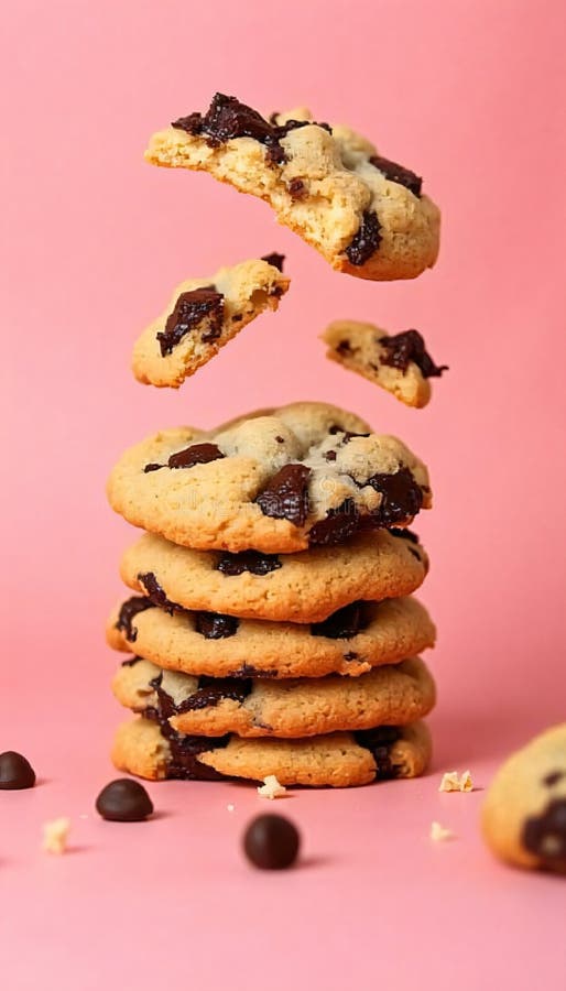 Stack of Chocolate Chip Cookies with Floating Cookie Pieces. Stock ...