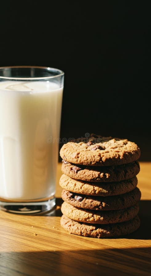 Stack of Chocolate Chip Cookies with Glass of Milk in Warm Natural ...