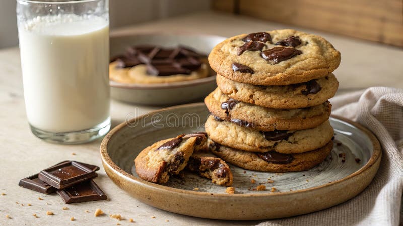Stack of Chocolate Chip Cookies Milk Glass Stack of Cookies Stock Photo ...