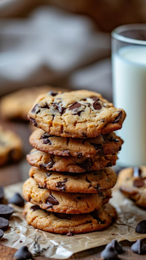 Stack Of Chocolate Chip Cookies Next To Glass Of Milk Stock Image Image Of Classic Sugar