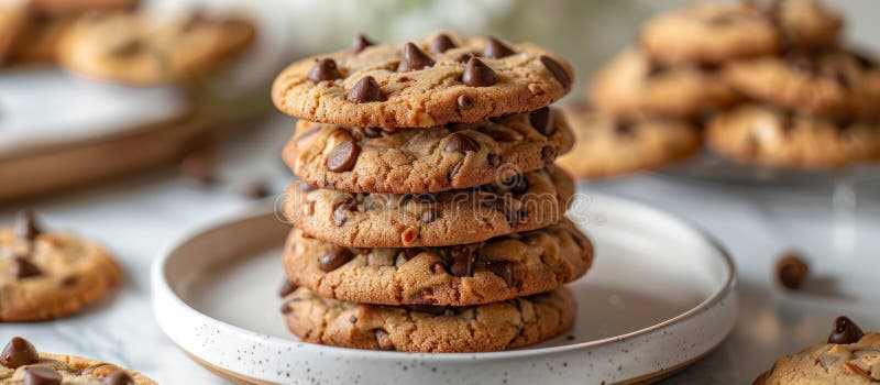 Stack of Chocolate Chip Cookies on Plate Stock Photo - Image of pastry ...