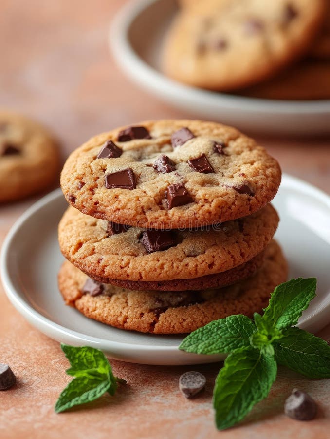 Stack Chocolate Chip Cookies Plate Mint Leaves Stock Photos - Free ...