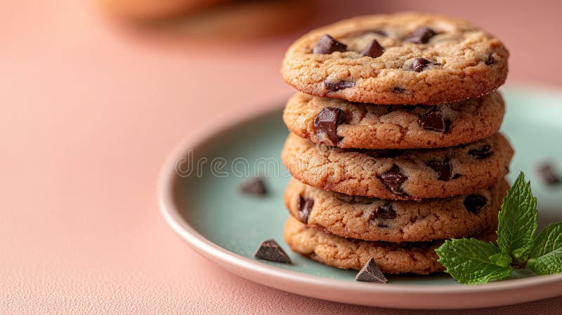 Stack of Chocolate Chip Cookies on a Plate with Mint. Stock Image ...