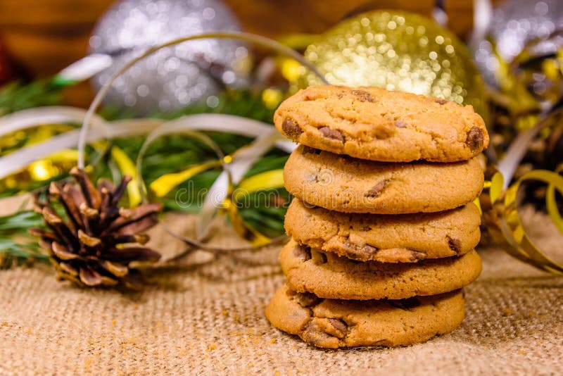 Stack of the Chocolate Chip Cookies on Sackcloth in Front of Christmas ...