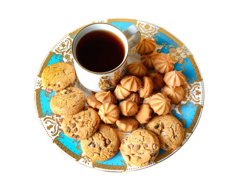 A Stack of Chocolate Chip Cookies in Vintage Blue Plate and Cup of Tea ...