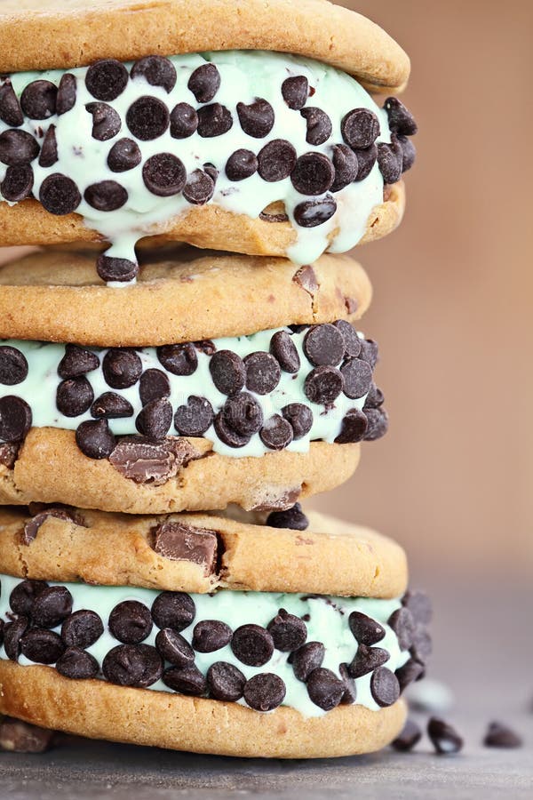 Stack Chocolate Chip Mint Ice Cream Cookie Sandwiches Stock Image ...
