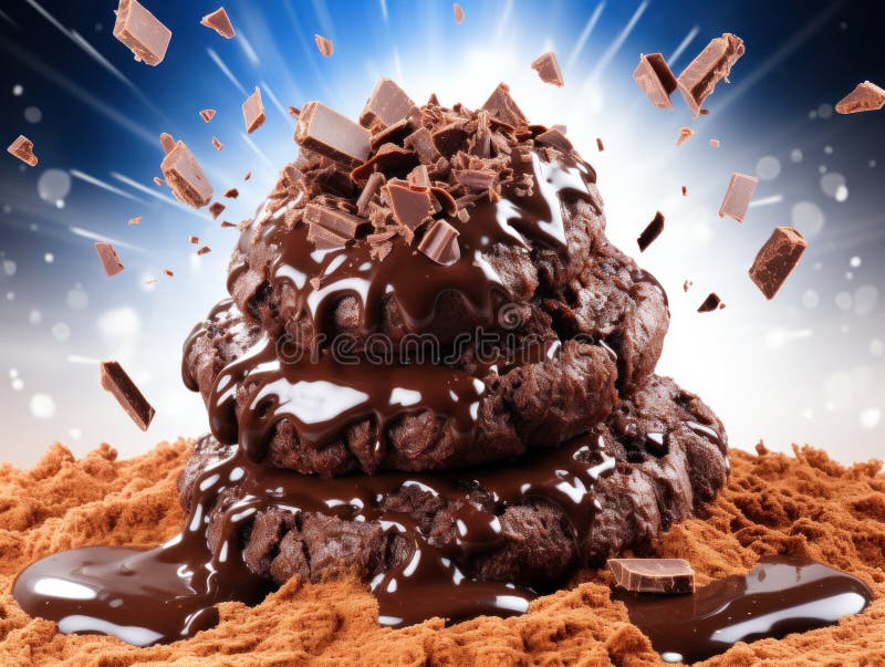 A Stack of Chocolate Cookies with Chocolate Chunks Falling on Top Stock ...