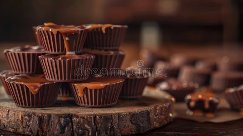 Stack of Chocolate Cups with Caramel Filling, Close-up. Dessert and ...