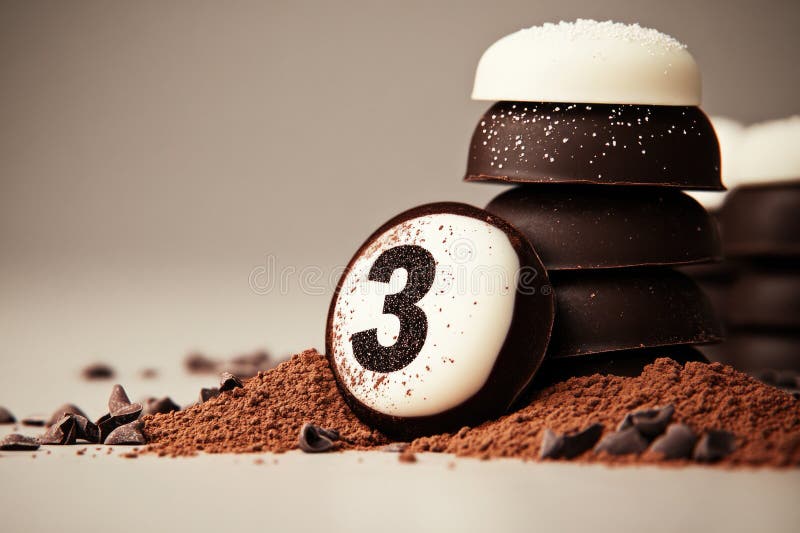 Stack of Chocolate Discs with Number 3 on Cocoa Powder Background Stock ...