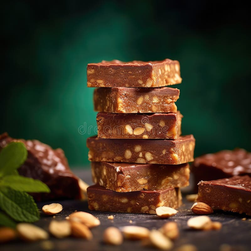 Stack of Chocolate Fudge with Nuts and Mint on a Dark Background Stock ...