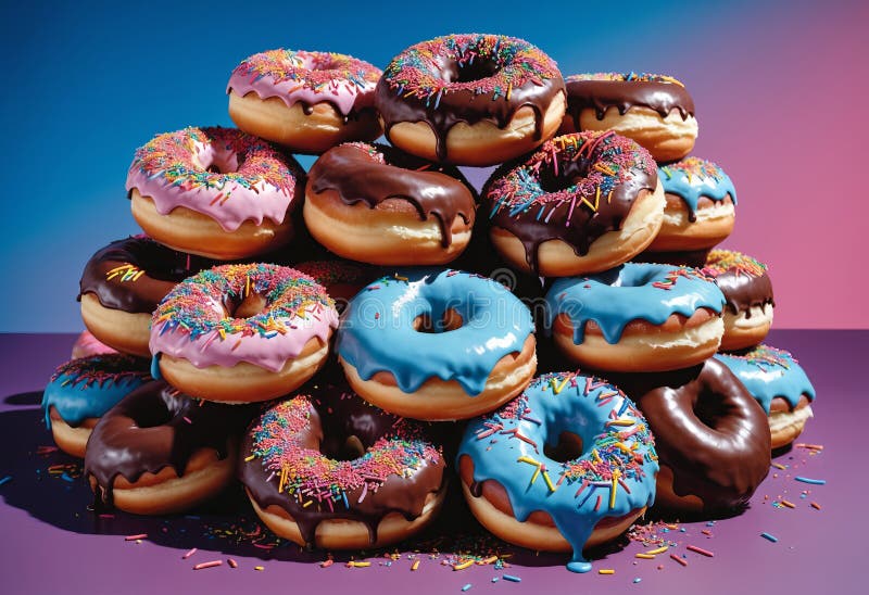 A Stack of Chocolate Glazed Donuts with Colorful Sprinkles on a Dark ...