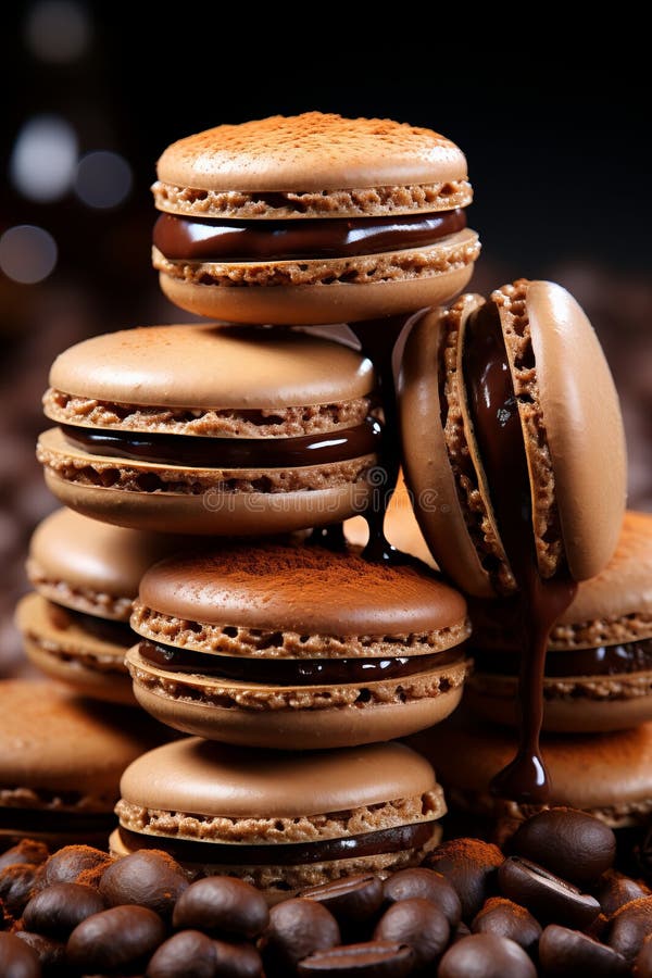 Stack of Chocolate Macaroons on a Dark Background, Closeup Stock Image ...