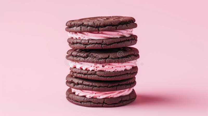 Stack of Chocolate Sandwich Cookies with Pink Cream Filling Stock Image ...