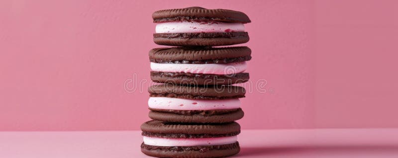 Stack of Chocolate Sandwich Cookies with Pink Filling on a Pink ...