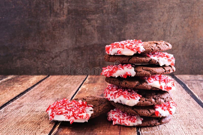 Stack of Christmas Chocolate Candy Cane Cookies with a Dark Background ...