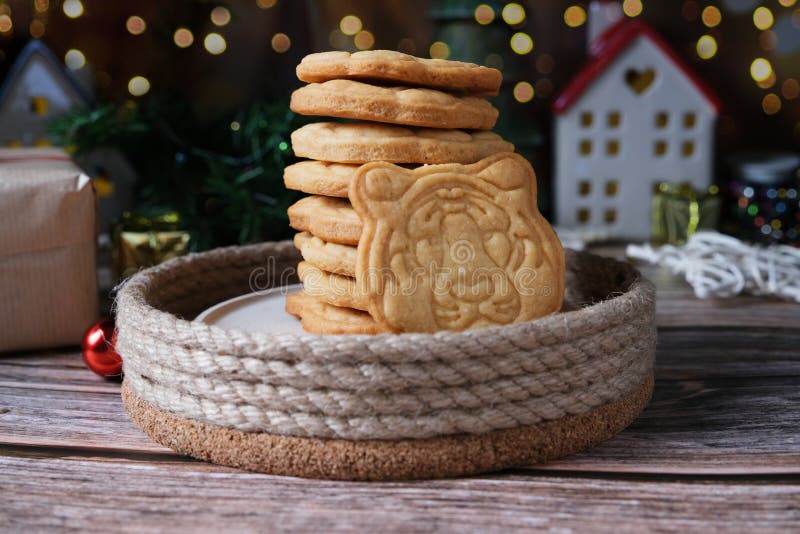 A Stack of Christmas Cookies in the Form of a Tiger S Head Stock Photo ...