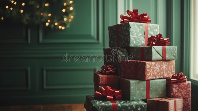 Stack of Christmas Presents with Red Bows and Green Wrapping Paper ...