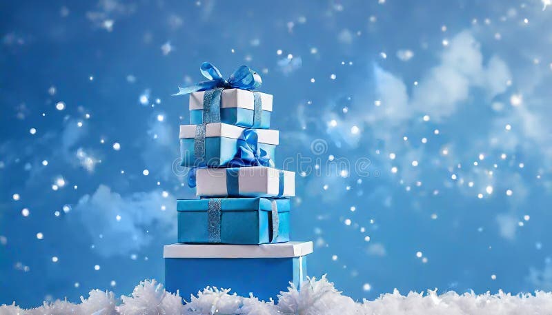 Stack of Christmas Presents on Snow, Blue Background Stock Illustration ...