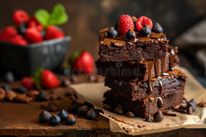 Stack of Chunky Pieces Thick Chocolate Syrup Dripping of Double Fudge ...