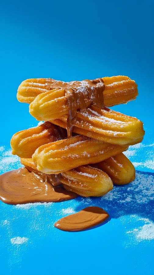 A Stack of Churros Covered in Powdered Sugar and Chocolate Sauce Stock ...