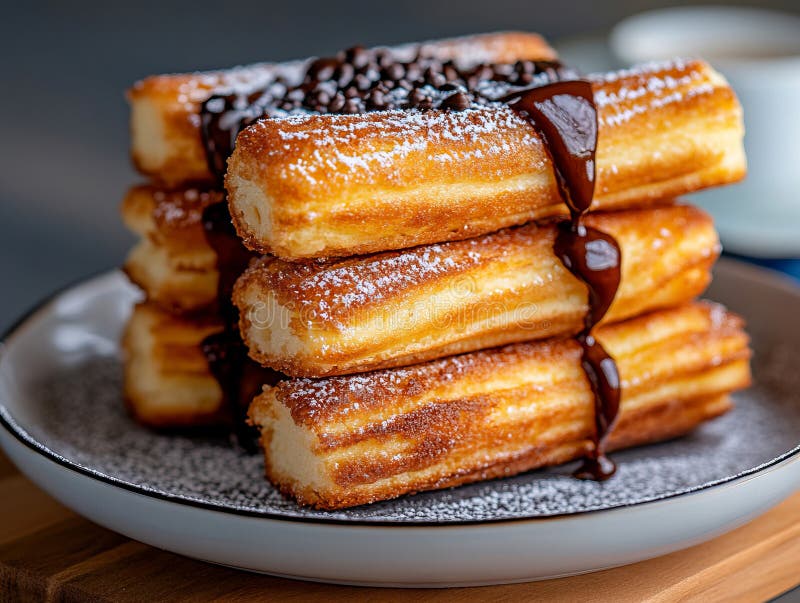 A Stack of Churros Covered in Powdered Sugar and Chocolate Sauce Stock ...
