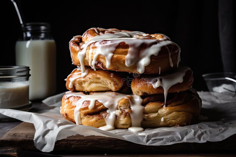 Stack of Cinnamon Buns, with Gooey Filling and Sweet Icing Dripping ...