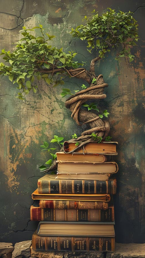 Stack of Classic Books with a Bonsai Growing on Top, Artistic ...