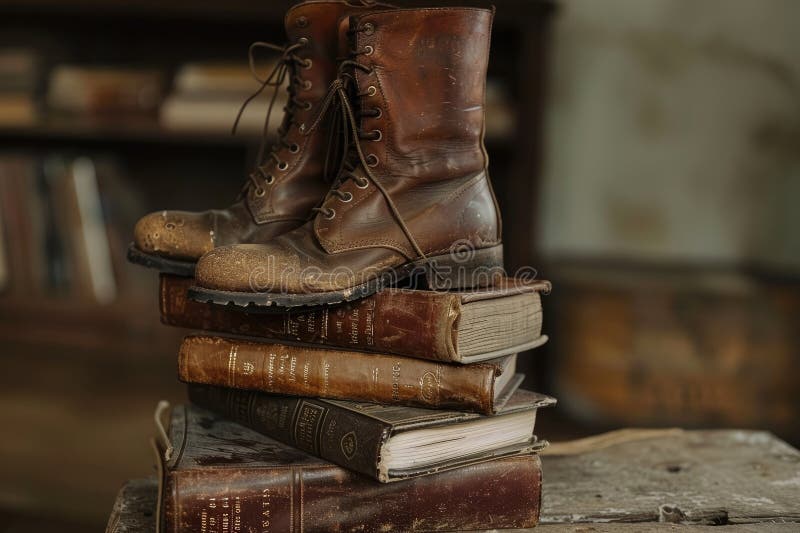 A Stack of Classic Books on Vintage Leather Boots Stock Illustration ...