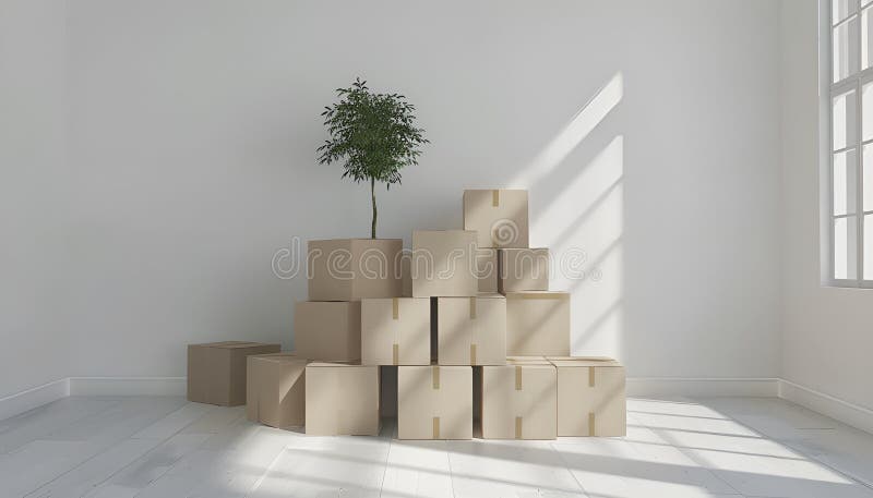 Stack of Classic Cardboard Boxes in Modern Empty Room Stock Photo ...