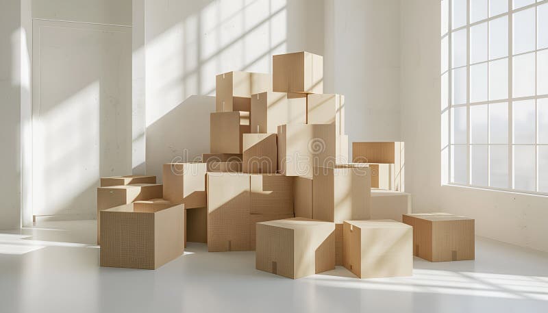 Stack of Classic Cardboard Boxes in Modern Empty Room Stock Photo ...